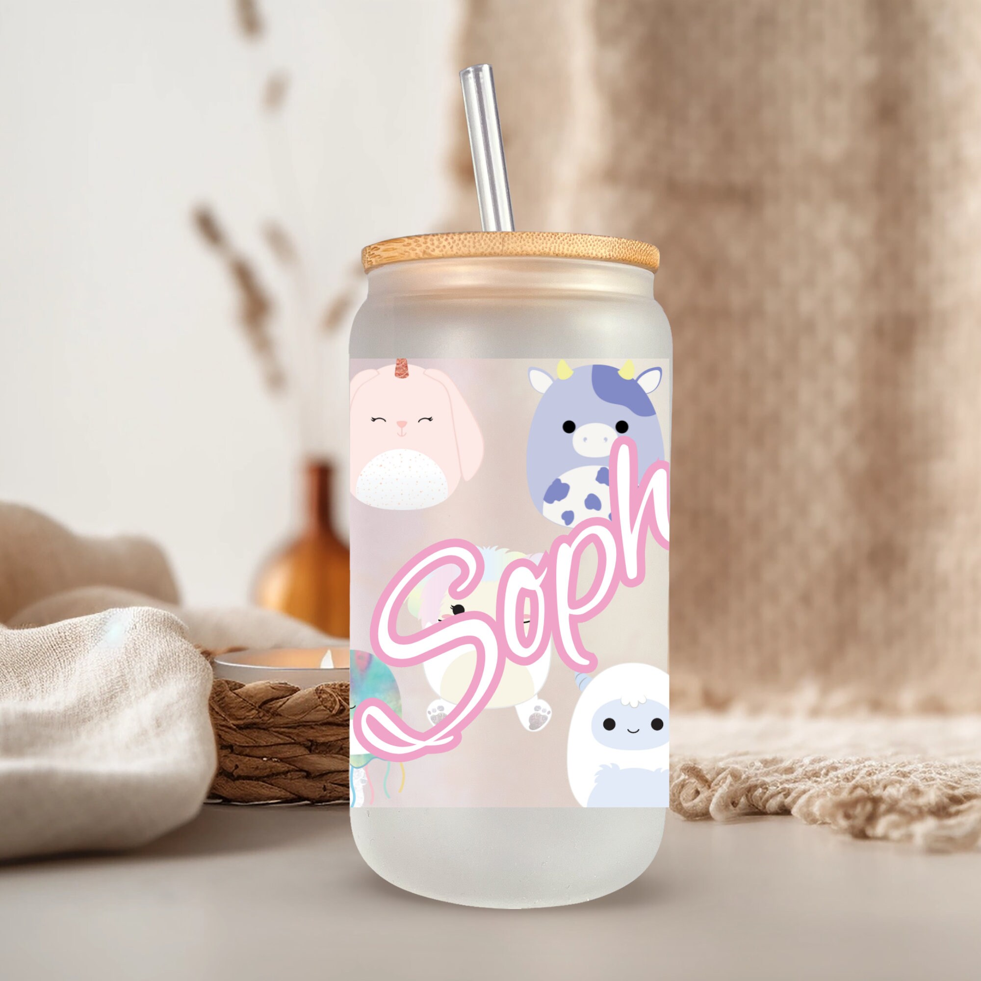 Personalized Squishmallow Clear or Frosted Glass Mug With Lid and Straw ...