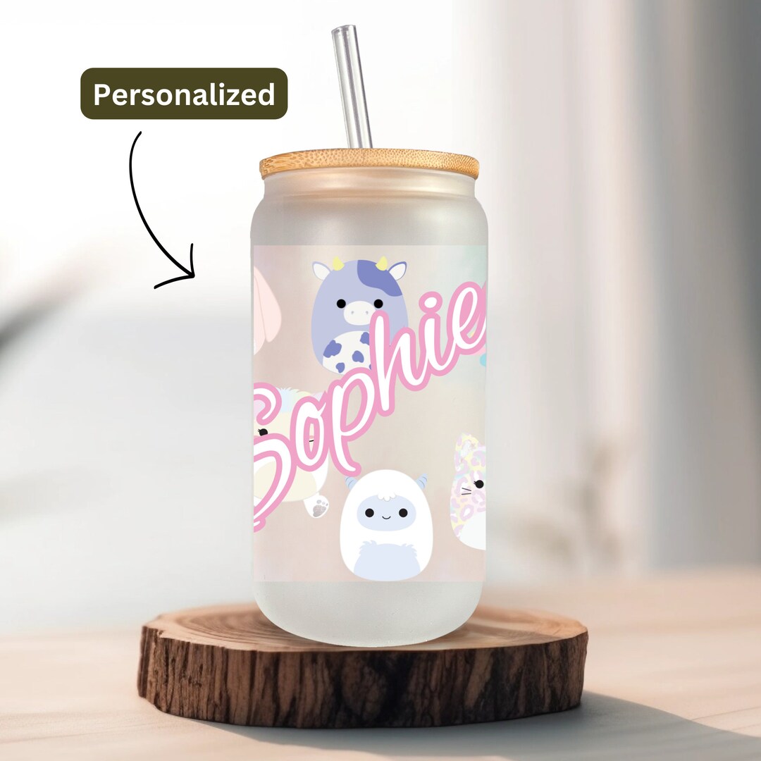 Personalized Squishmallow Clear or Frosted Glass Mug With Lid and Straw ...
