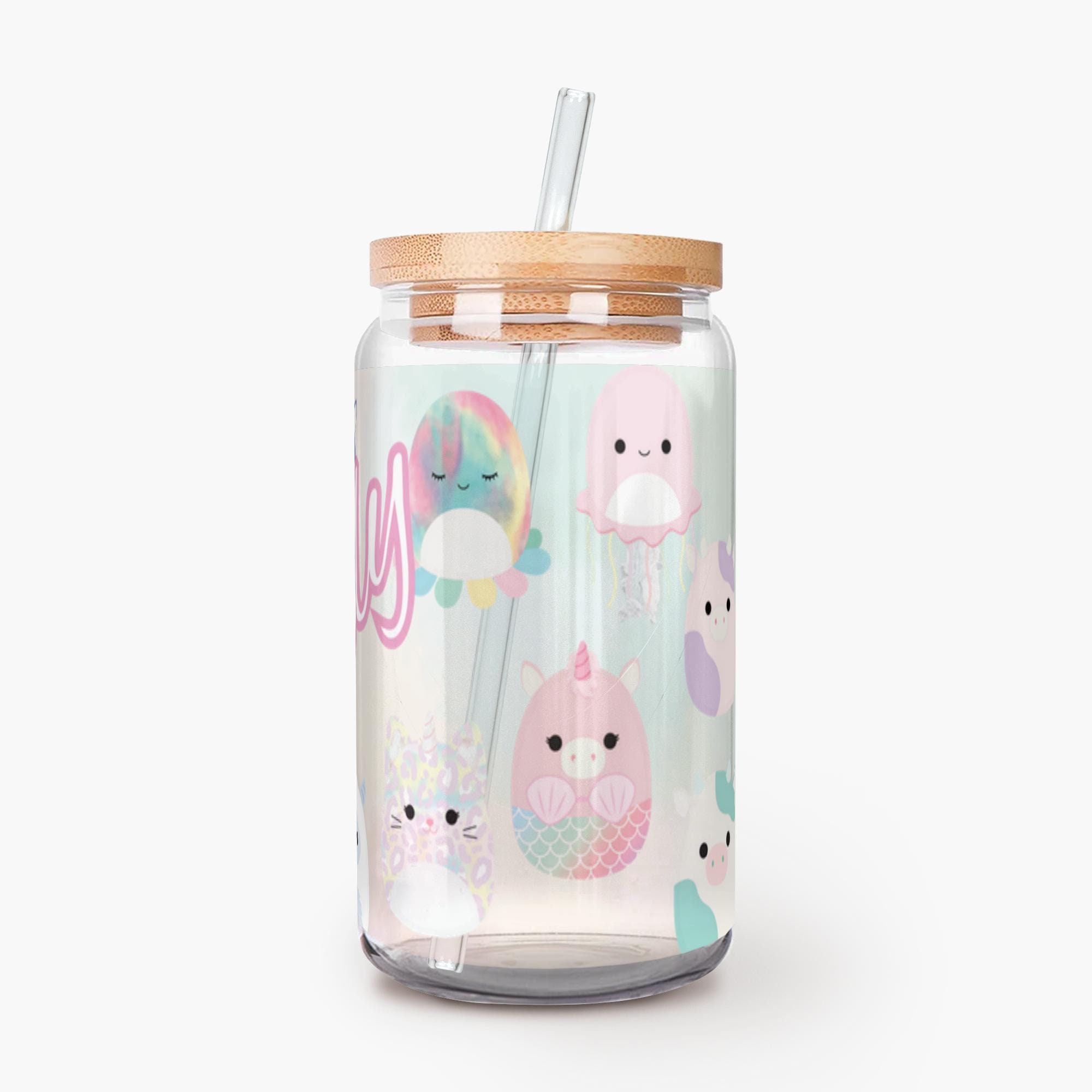Personalized Squishmallow Clear or Frosted Glass Mug With Lid and Straw ...
