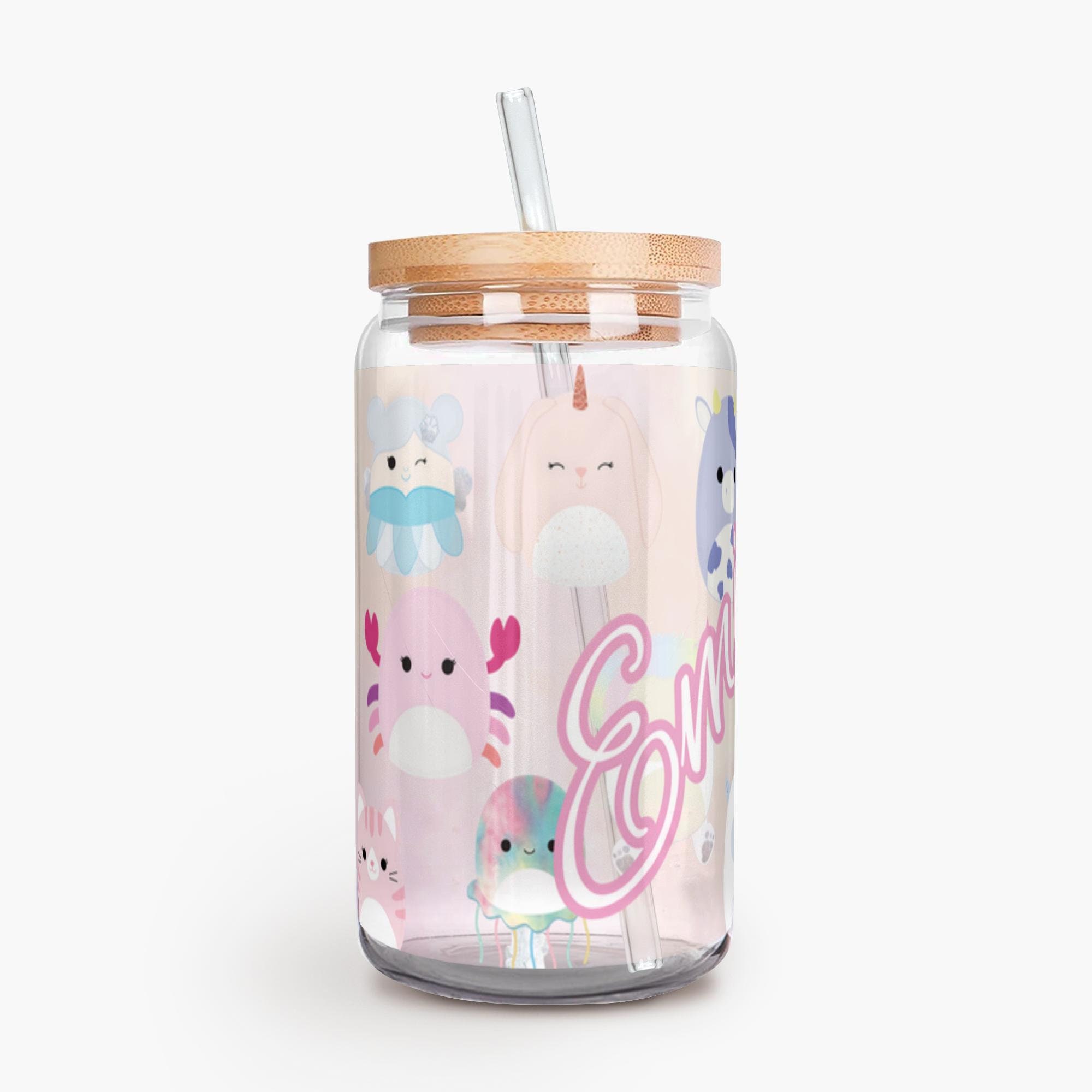 Personalized Squishmallow Clear or Frosted Glass Mug With Lid and Straw ...