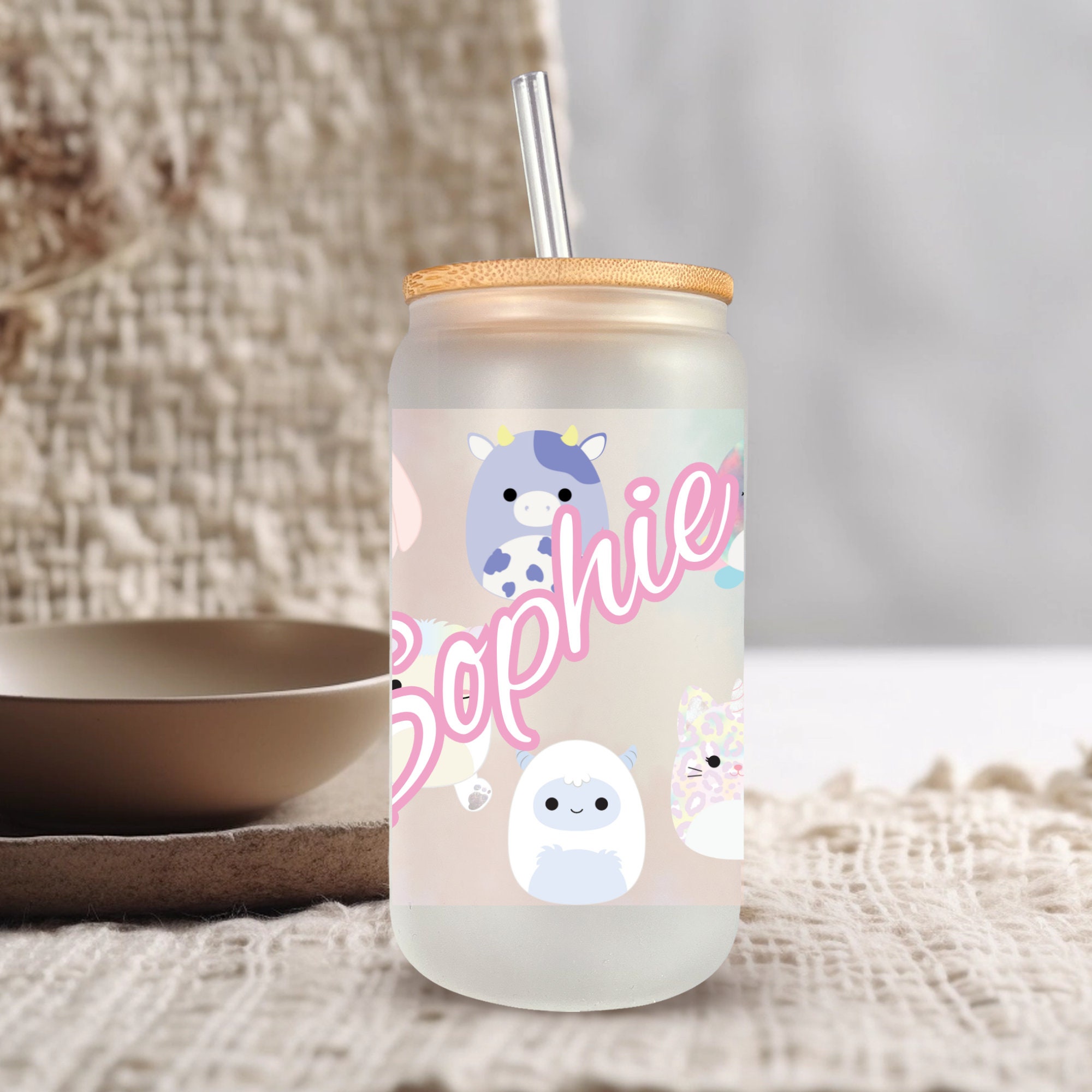 Personalized Squishmallow Clear or Frosted Glass Mug With Lid and Straw ...