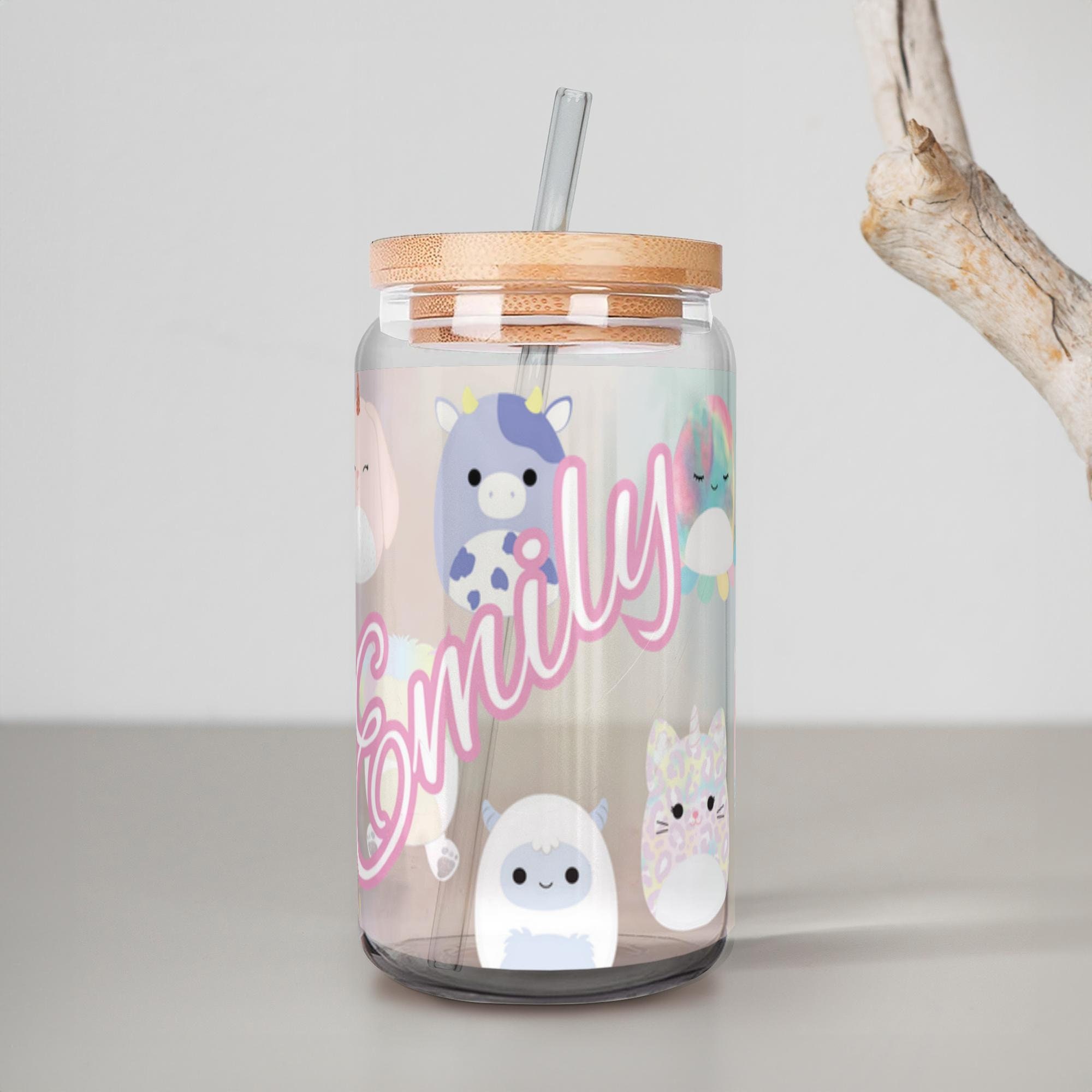 Personalized Squishmallow Clear or Frosted Glass Mug With Lid and Straw ...