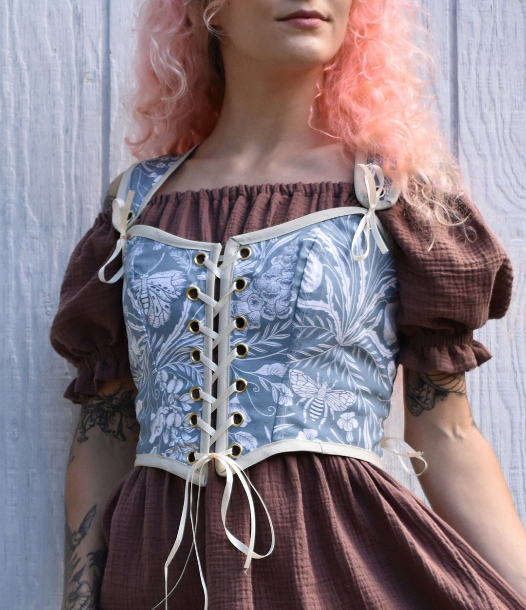 Corset - Light Blue Botanical Print - Renaissance Bustier - Etsy