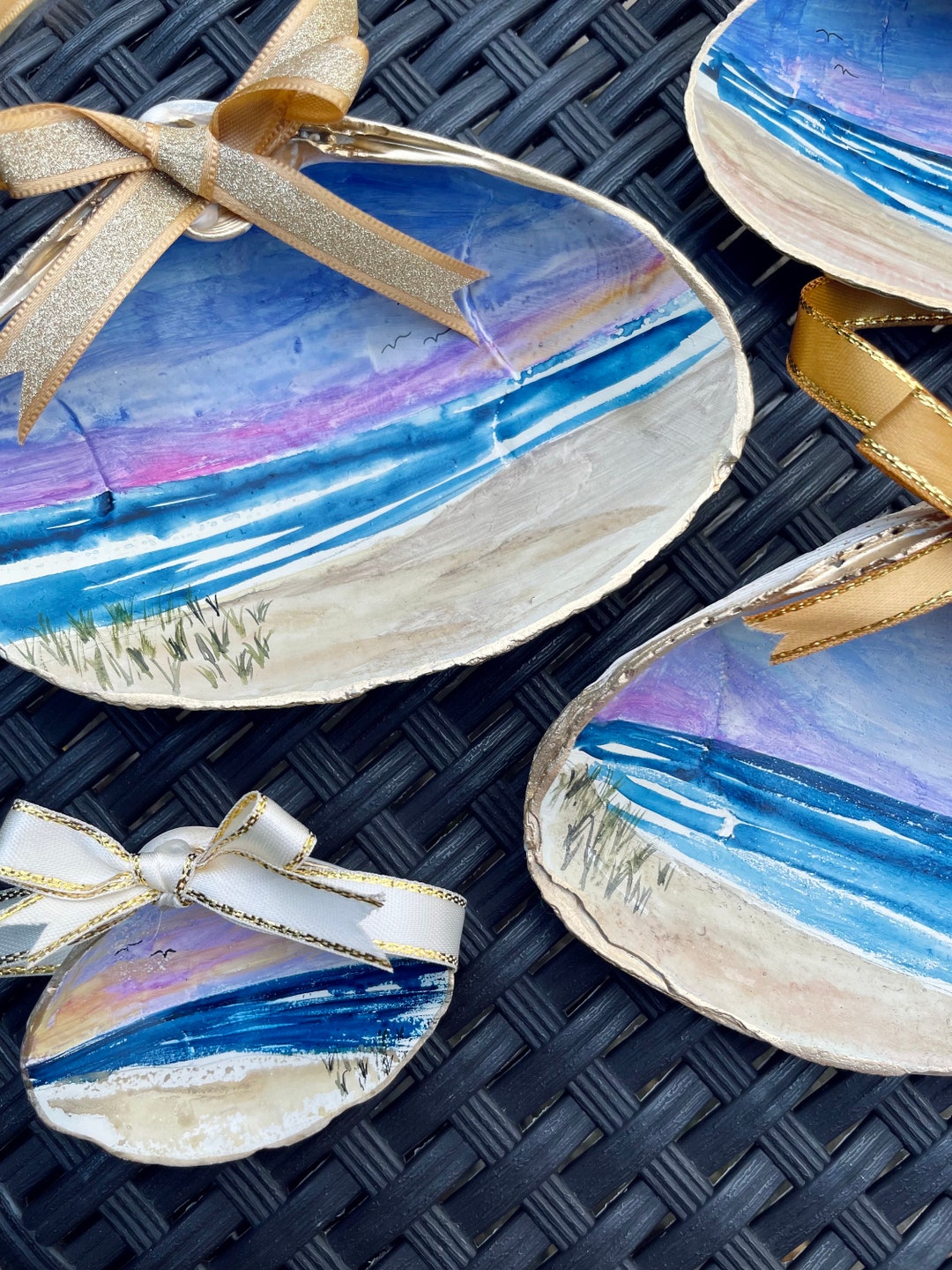 Watercolor Painted Seashell Sunset Beach Ornament, Real Clamshell From ...