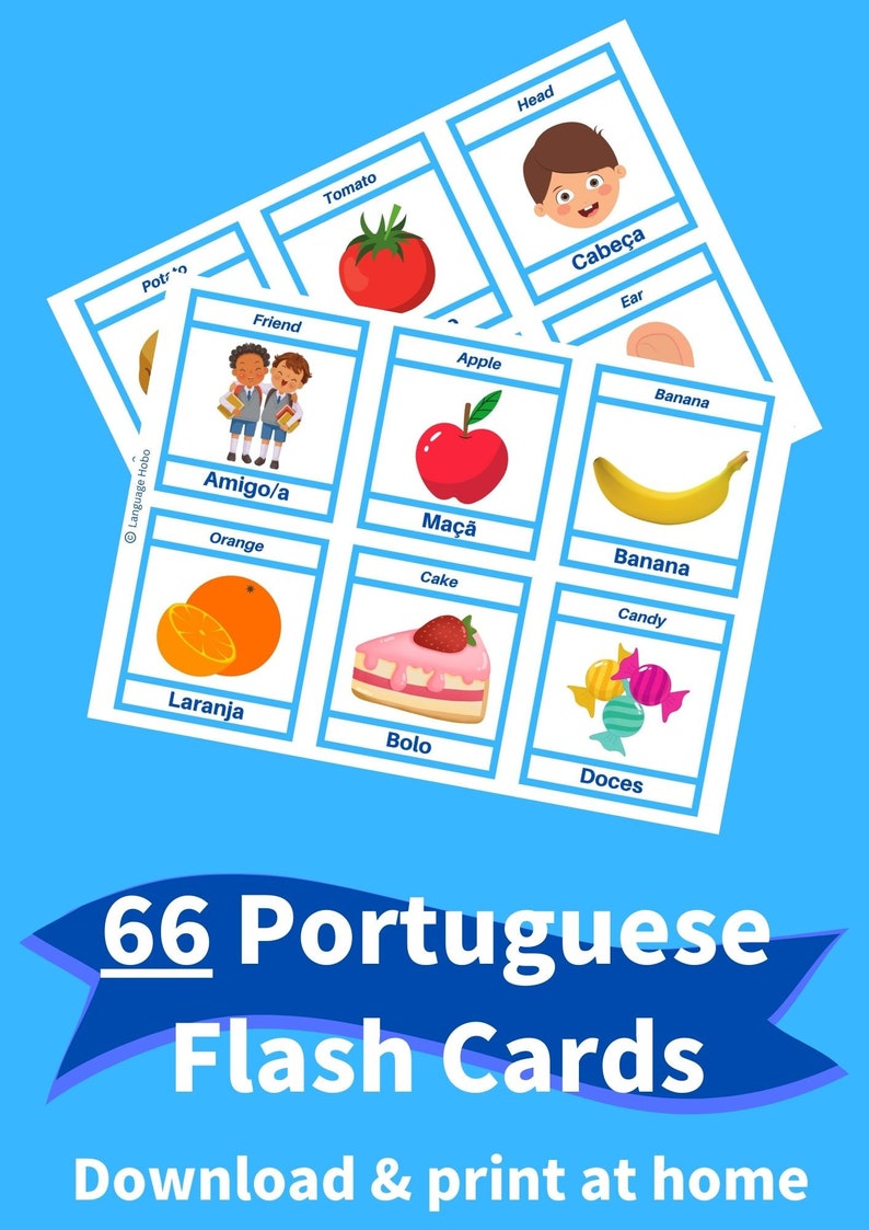Printable PORTUGUESE Flashcards PDF 66 First Words for Beginners ...