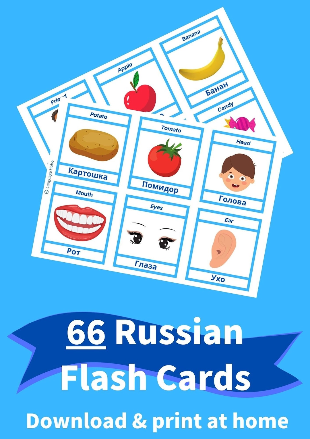 Printable RUSSIAN Flashcards 66 First Words for Beginners, Toddlers ...