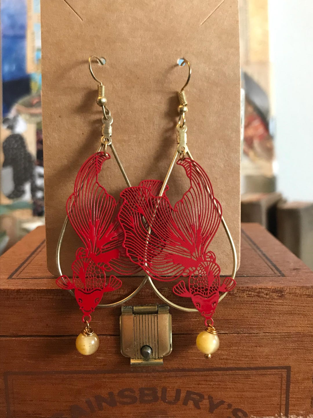 Handmade Red Koi Goldfish Teardrop Hoop Chandelier Earrings - Etsy