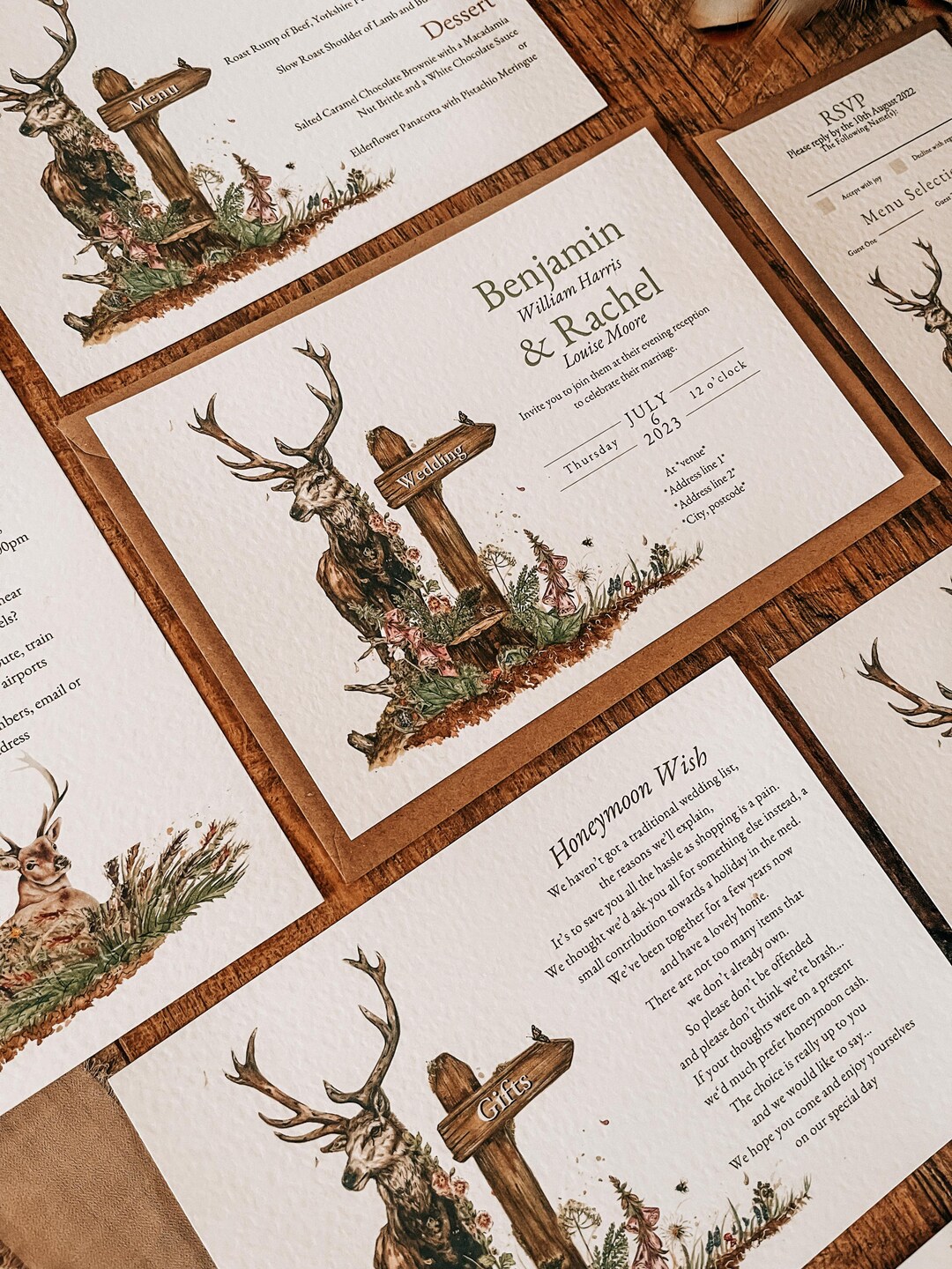 SAMPLE ONLY* Stag and Signpost, Invitation, Save the Date, RSVP, Rustic ...