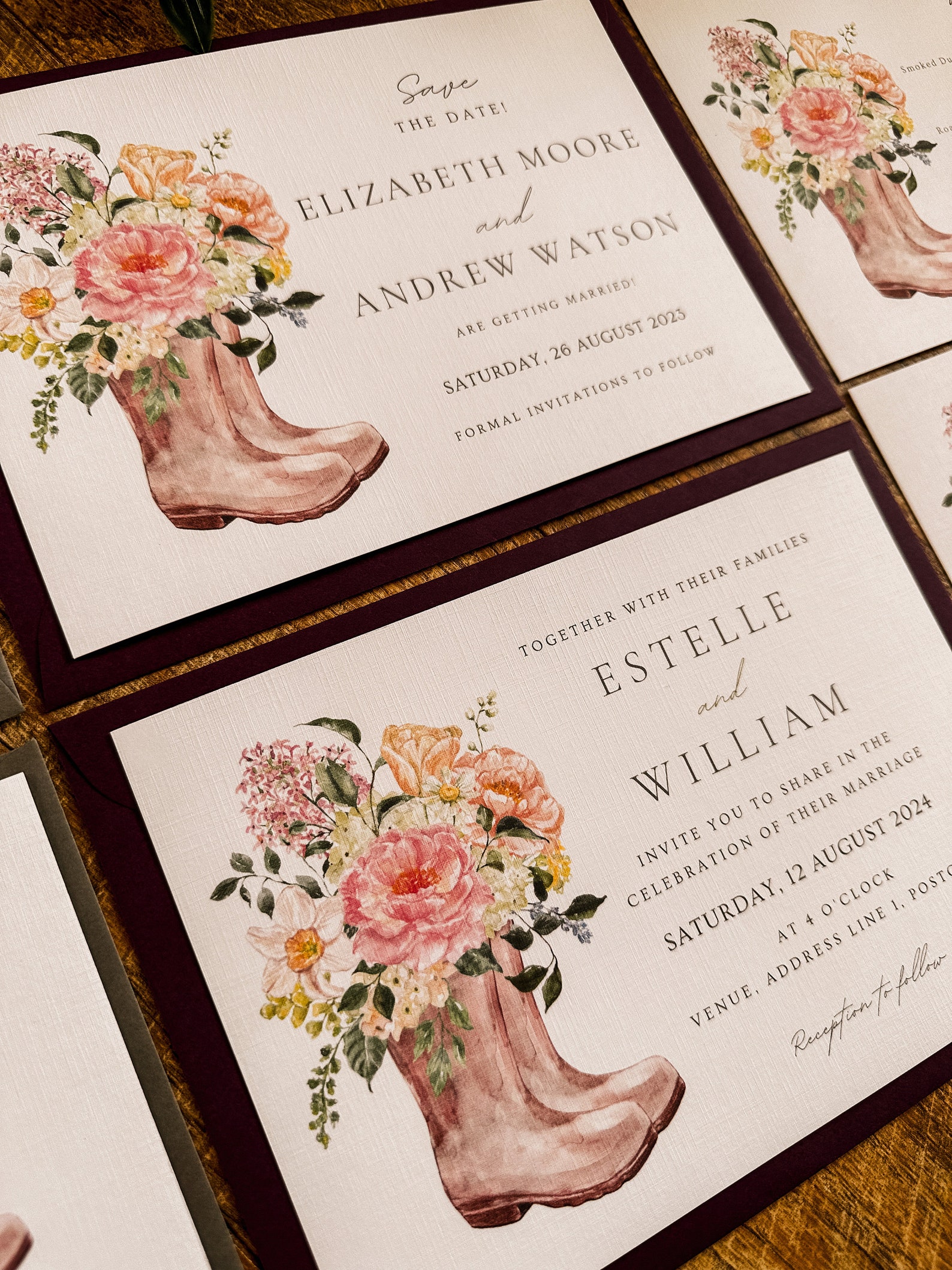 SAMPLE ONLY* Wellingtons and Flowers, Wellies Wedding Stationery ...