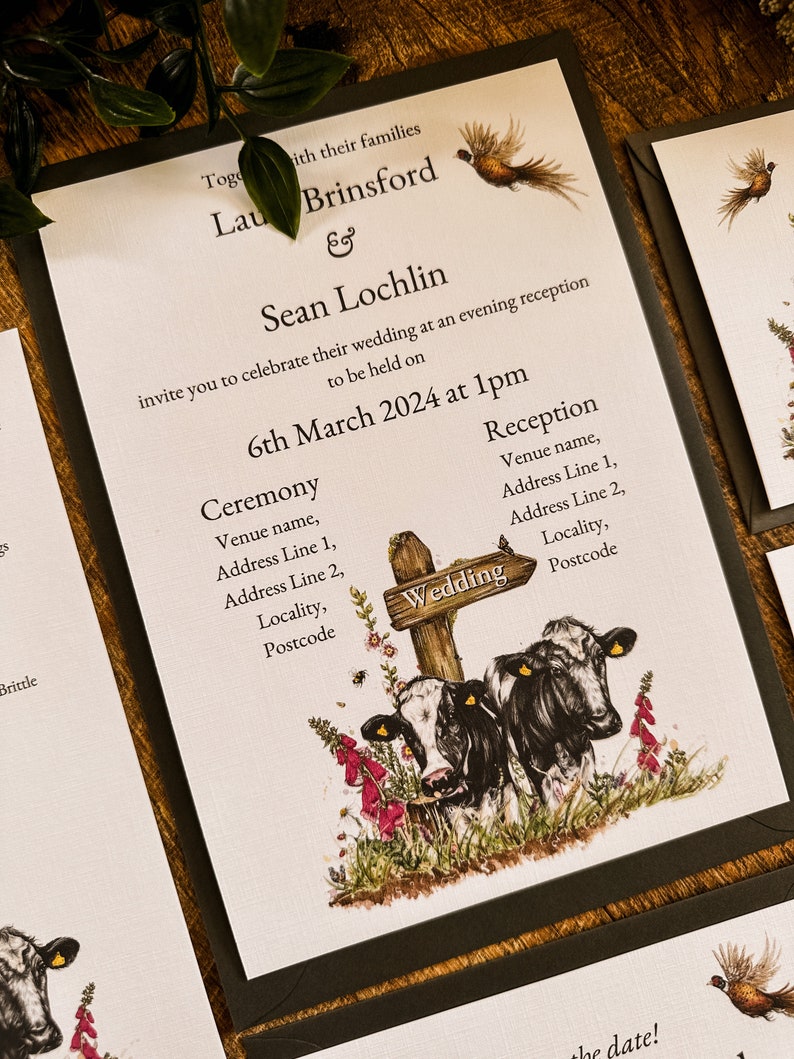 SAMPLE ONLY* Dairy Cow & Signpost Wedding Stationery, Invitation, Save ...