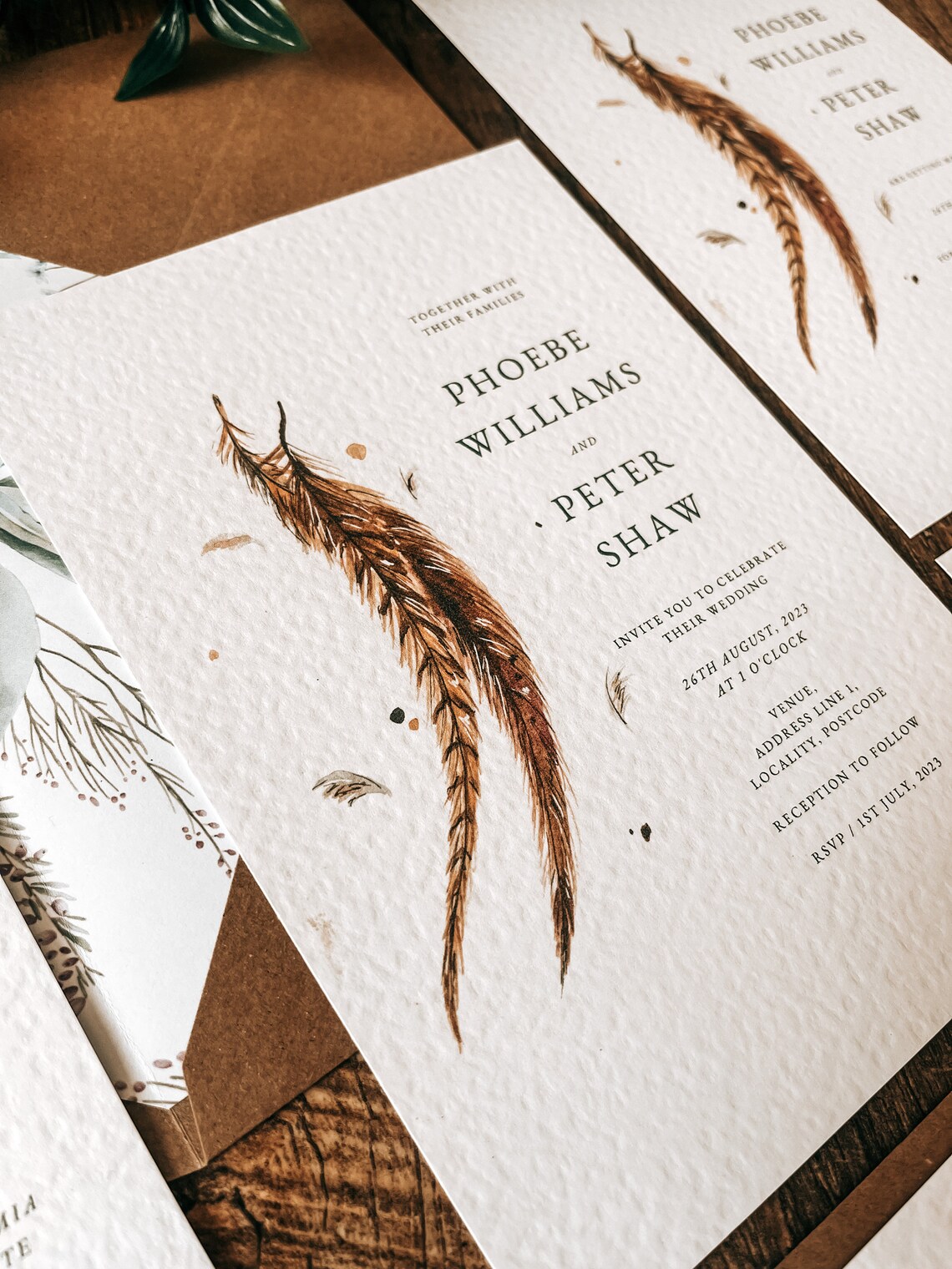 SAMPLE ONLY* Pheasant Feather Wedding Stationery, Invitation, Save the ...