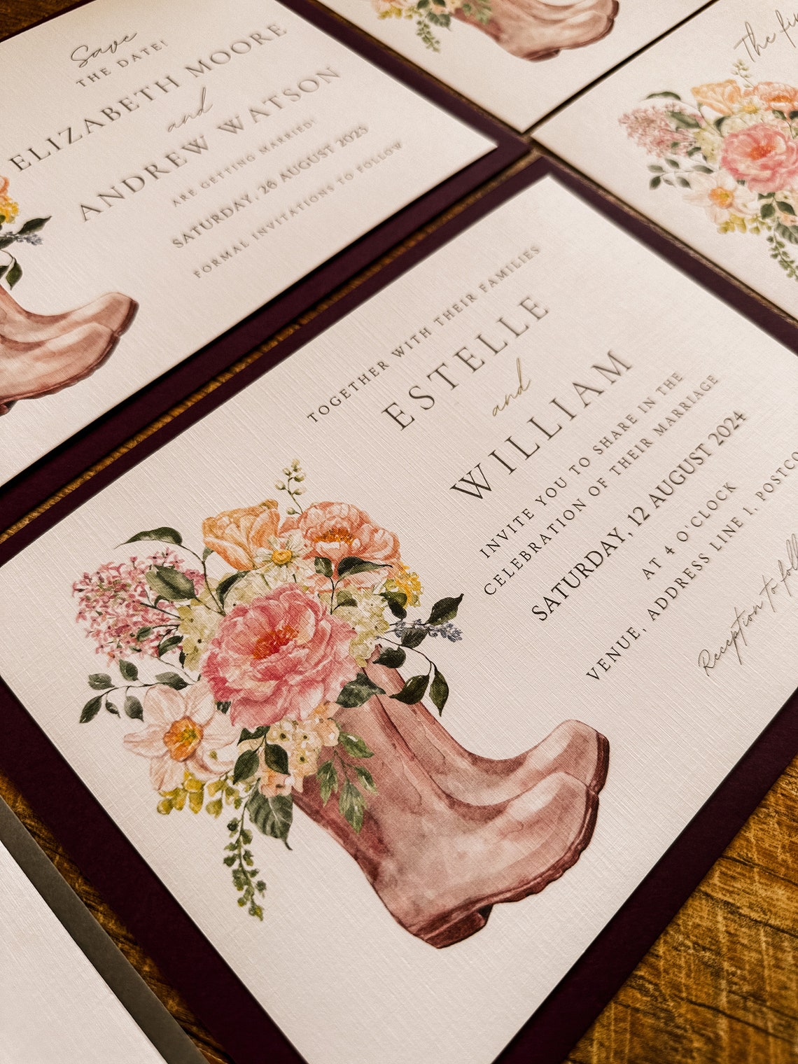 SAMPLE ONLY* Wellingtons and Flowers, Wellies Wedding Stationery ...