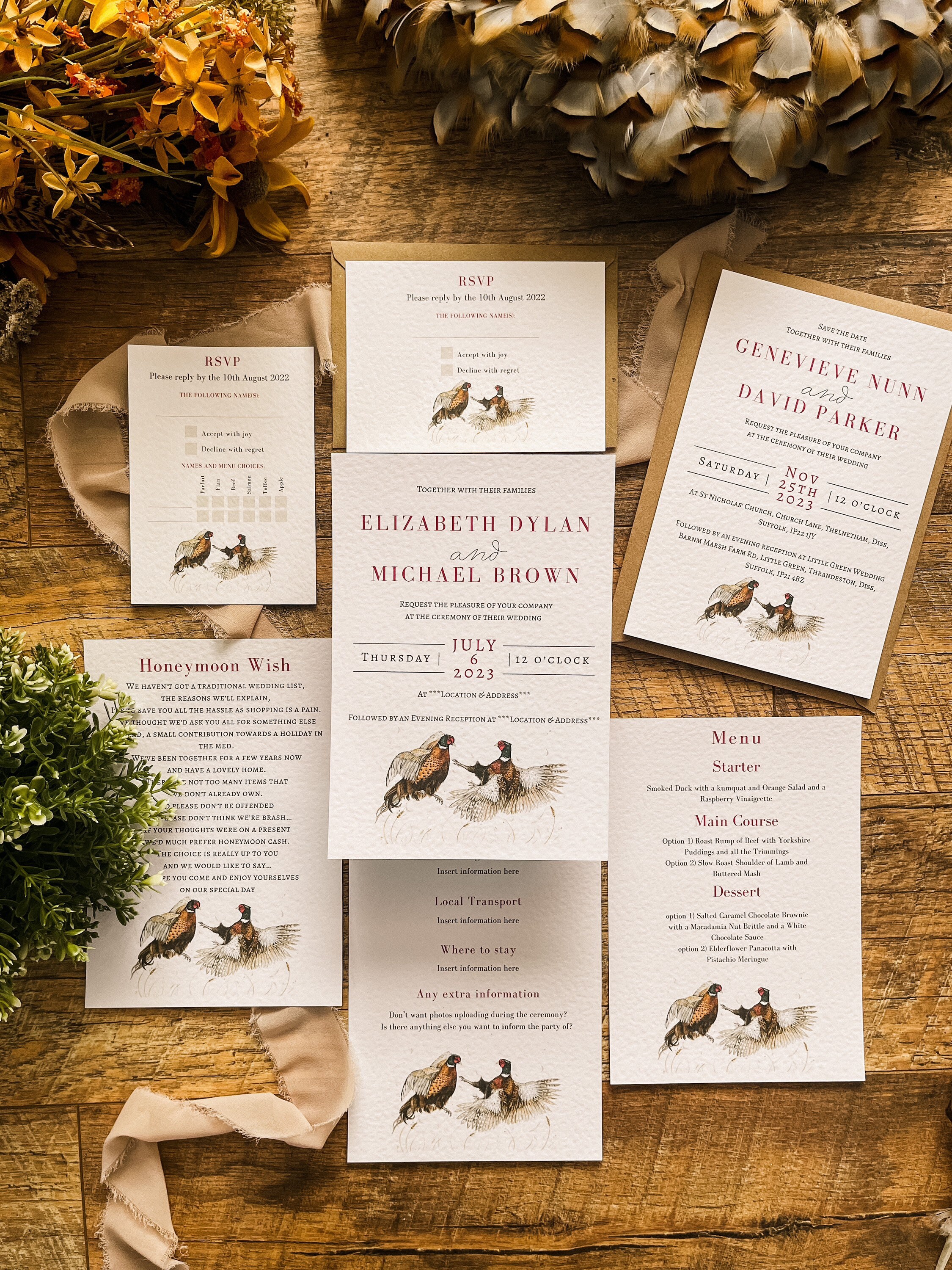 SAMPLE ONLY* Pheasant Wedding Stationery, Invitation, Save the Date ...