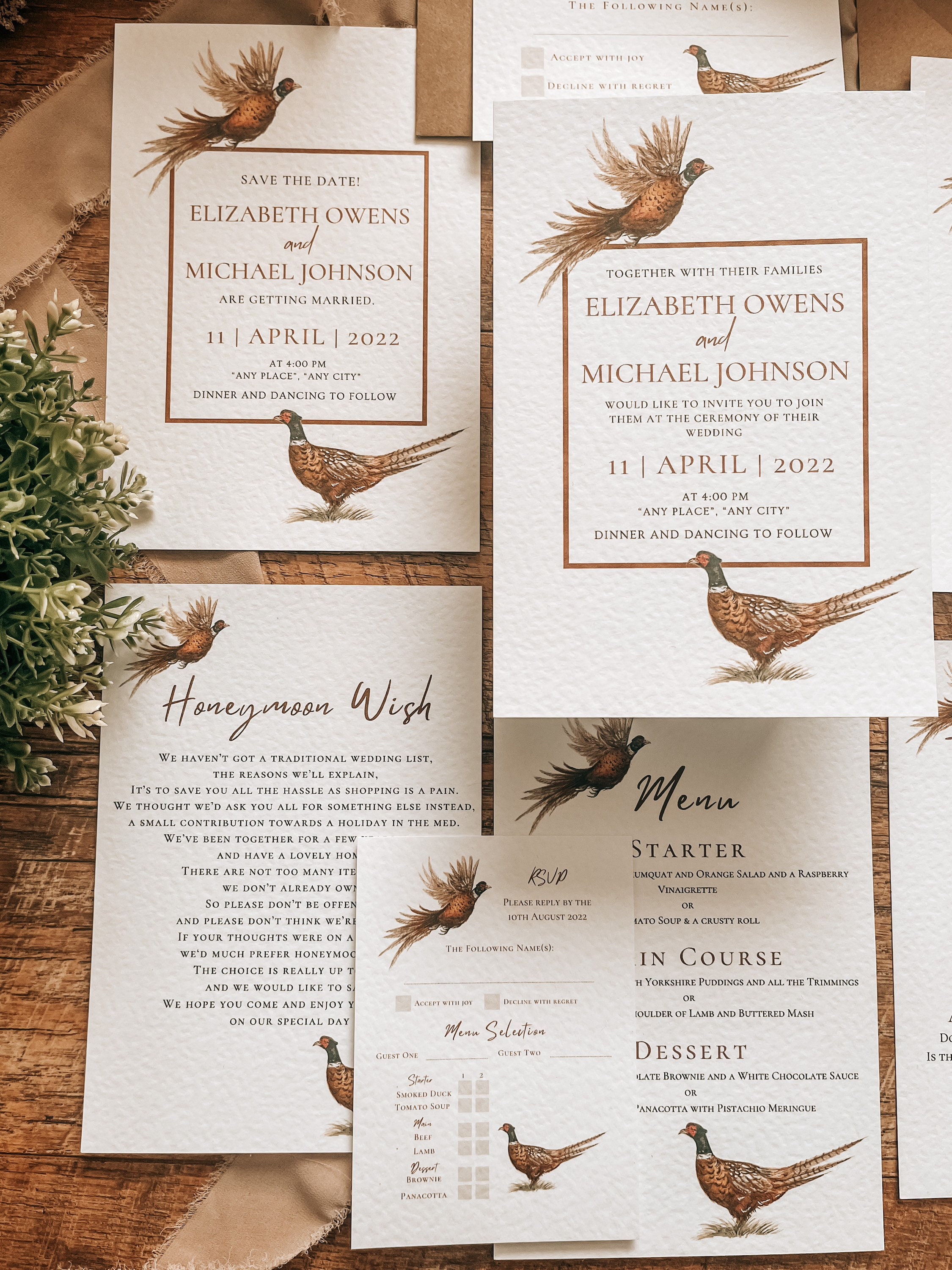 SAMPLE ONLY Pheasant Wedding Stationery, Invitation, Save the Date ...