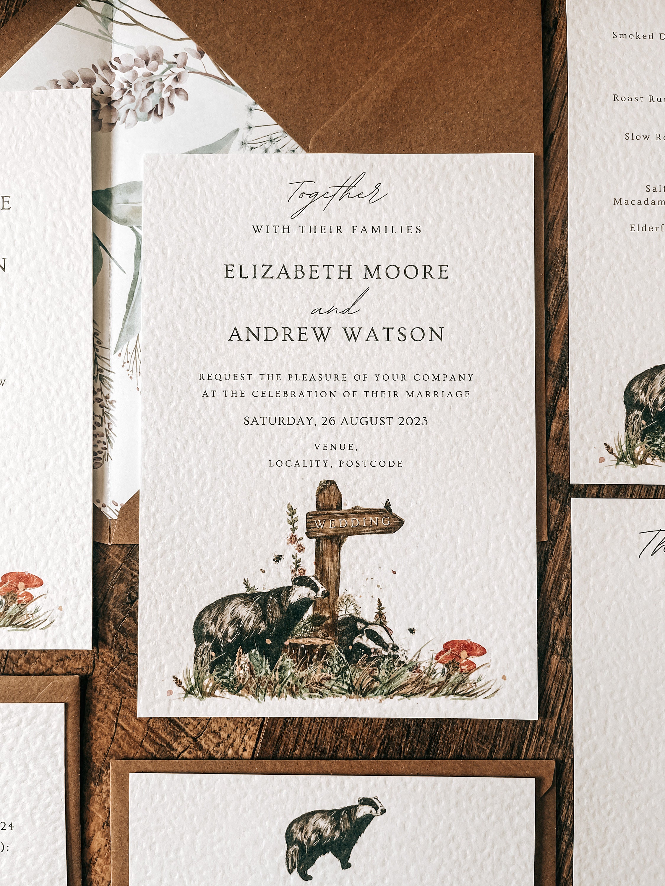 SAMPLE ONLY* Badger & Signpost Wedding Stationery, Invitation, Save the ...