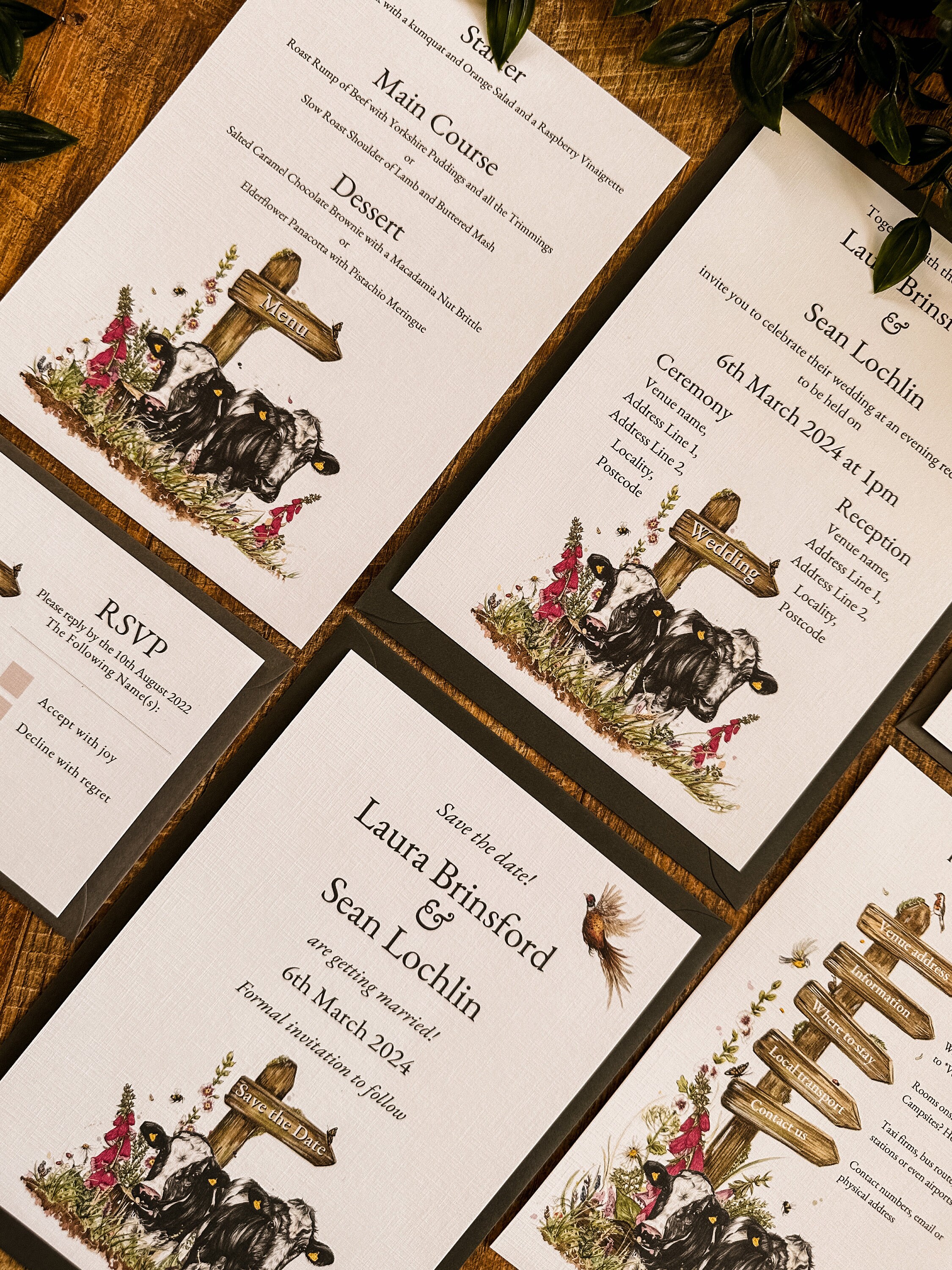 SAMPLE ONLY* Dairy Cow & Signpost Wedding Stationery, Invitation, Save ...
