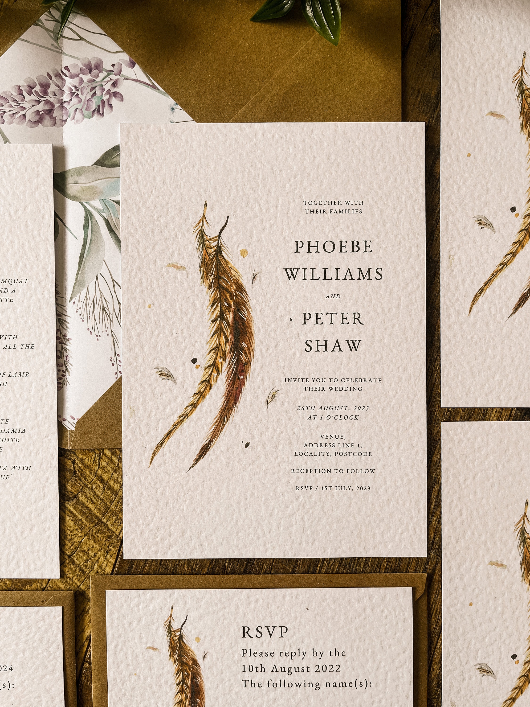 SAMPLE ONLY* Pheasant Feather Wedding Stationery, Invitation, Save the ...