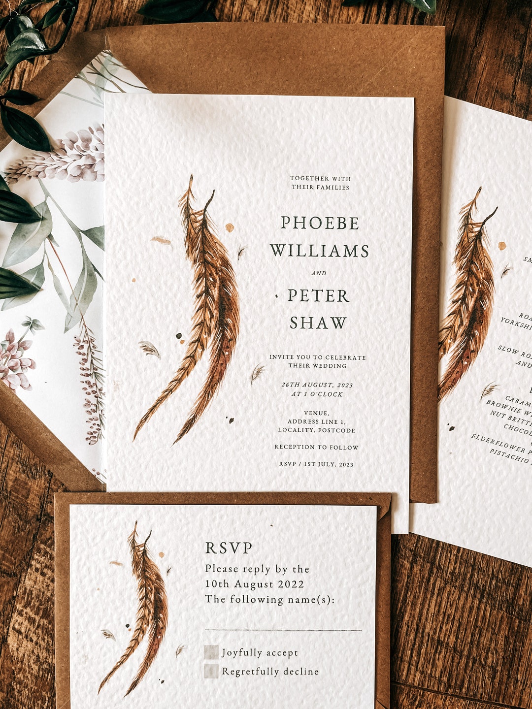 SAMPLE ONLY* Pheasant Feather Wedding Stationery, Invitation, Save the ...