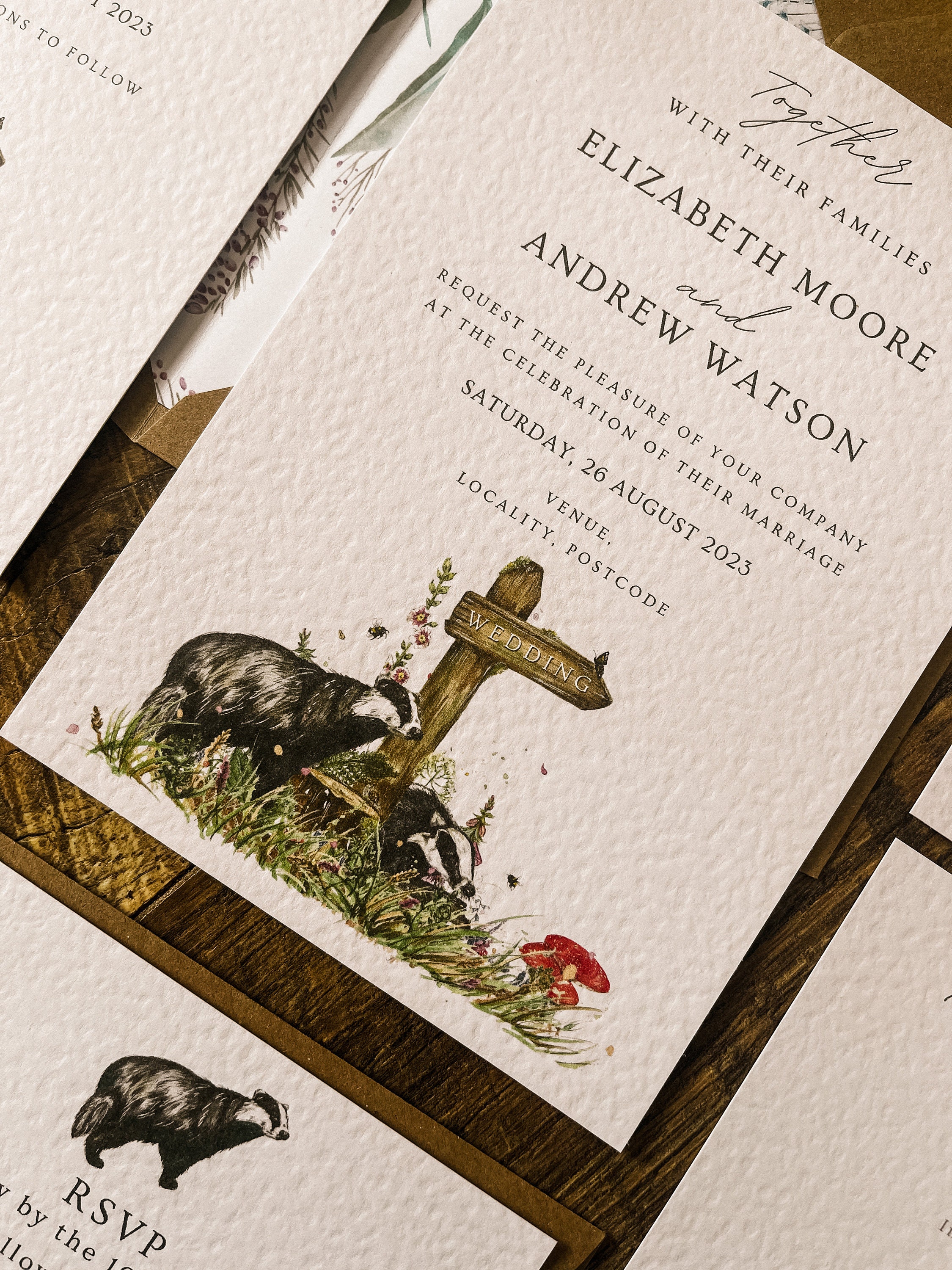 SAMPLE ONLY* Badger & Signpost Wedding Stationery, Invitation, Save the ...