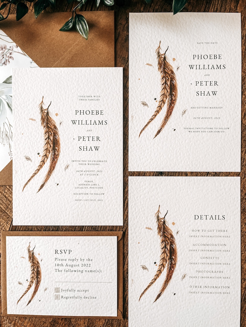 SAMPLE ONLY* Pheasant Feather Wedding Stationery, Invitation, Save the ...