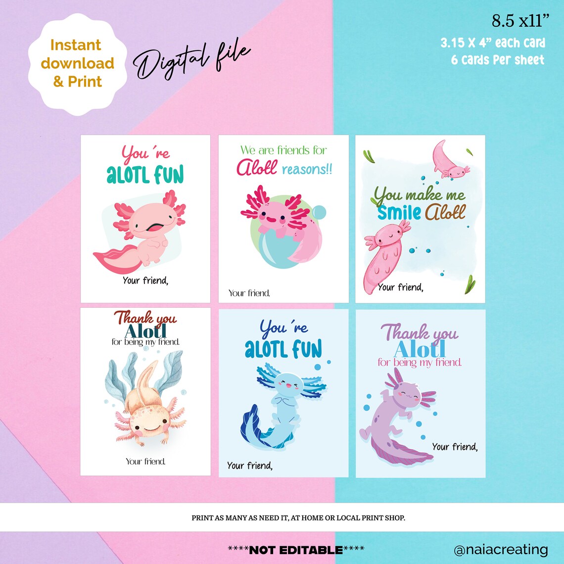 Axolotl Valentines Day Cards, Printable Kids Valentine's Day Card, Kids ...