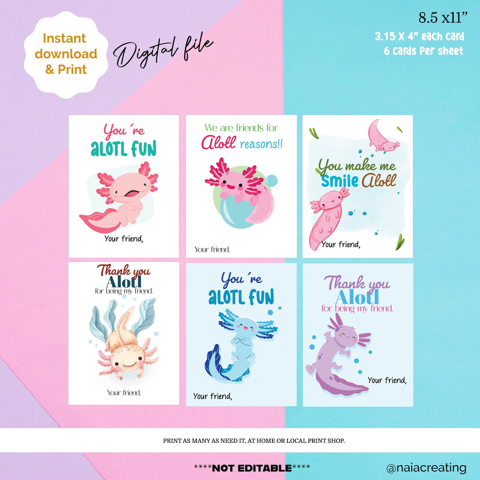 Axolotl Valentines Day Cards, Printable Kids Valentine's Day Card, Kids ...