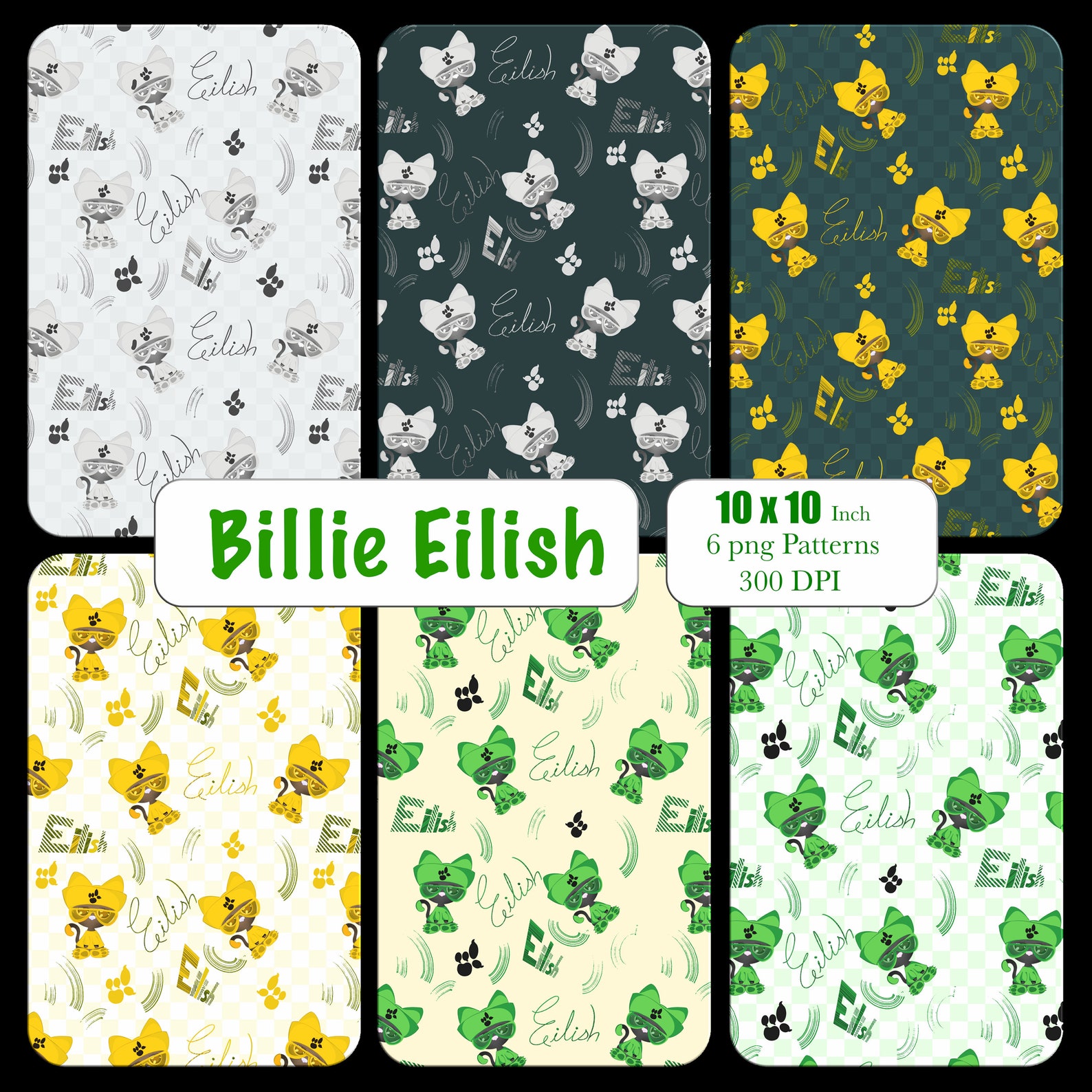 Billie Eilish Cat in Costume Digital Seamless Pattern – Printable Paper ...