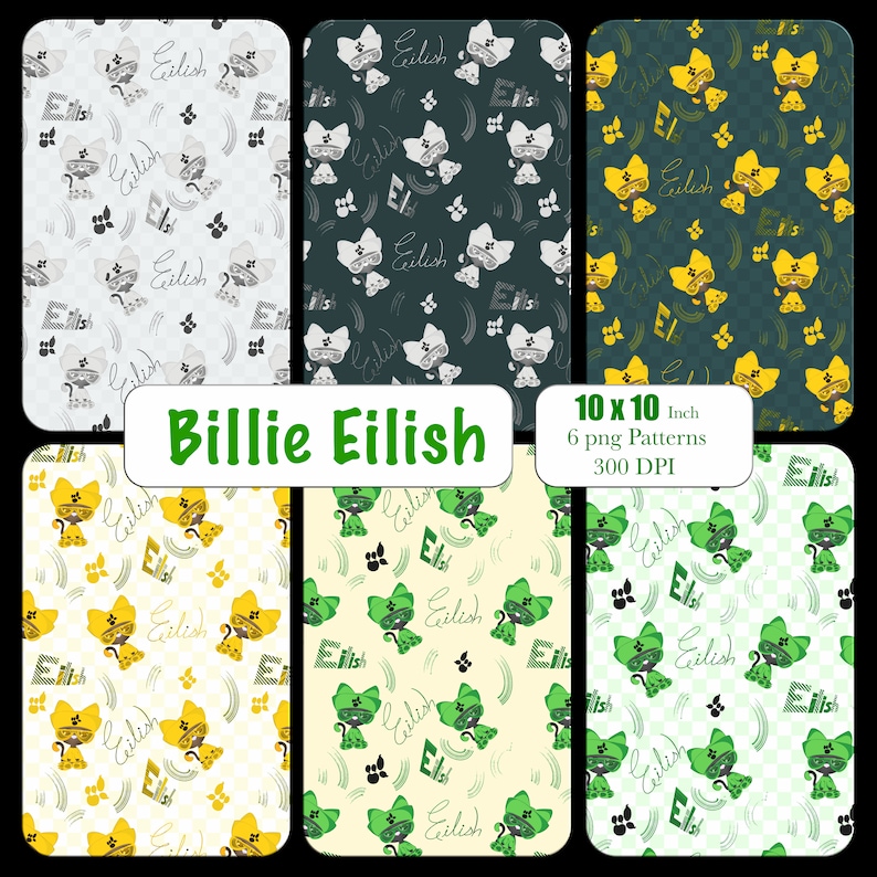 Billie Eilish Cat in Costume Digital Seamless Pattern – Printable Paper, Scrapbook Paper ...