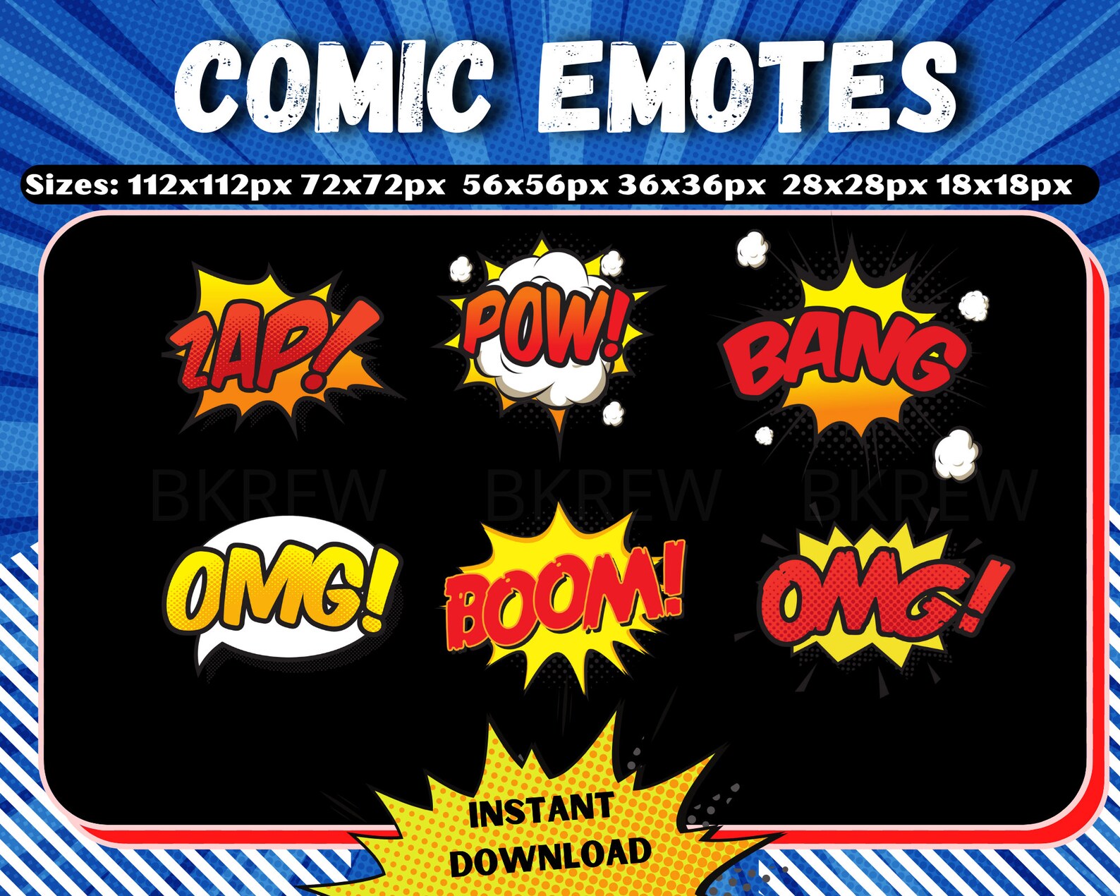 6 Comic Emotes, Twitch and Discord Emote Pack, Streamer Hype GG Zap Pow ...