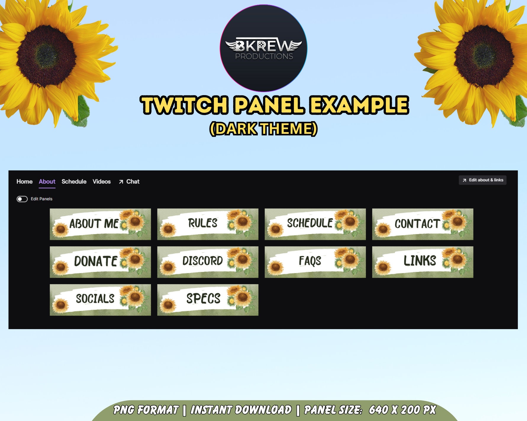 Sunflower Twitch Panels, Sunflower Overlay for Twitch, Twitch Stream Panels, Cute Floral Twitch ...