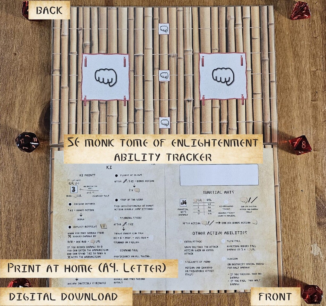 Dnd 5E Monk Spell and Ability Tracker Tome of Enlightenment Print at ...