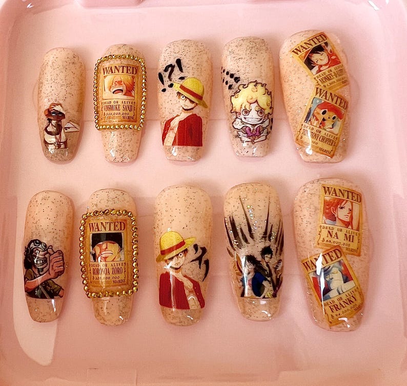 One Piece Inspired Handcrafted S/M Press on Nails Luffy Wanted Poster ...