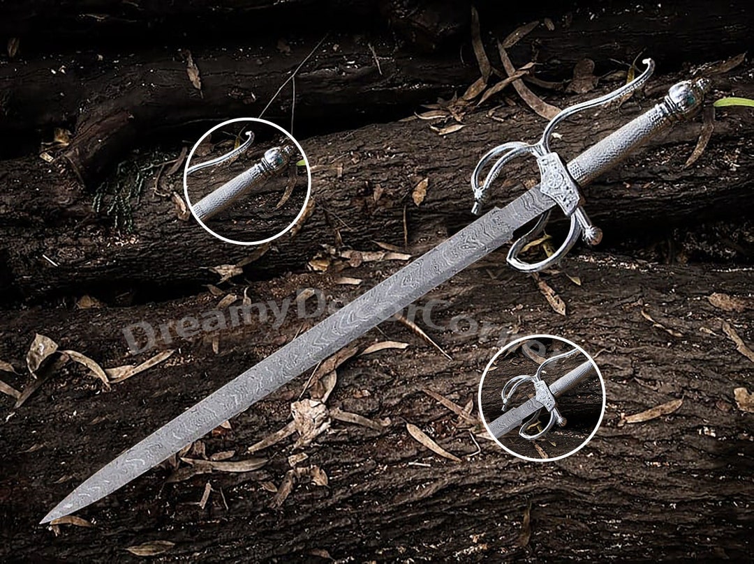 Hand Forged Damascus Steel Rapier Sword With Leather Sheath, Medieval ...