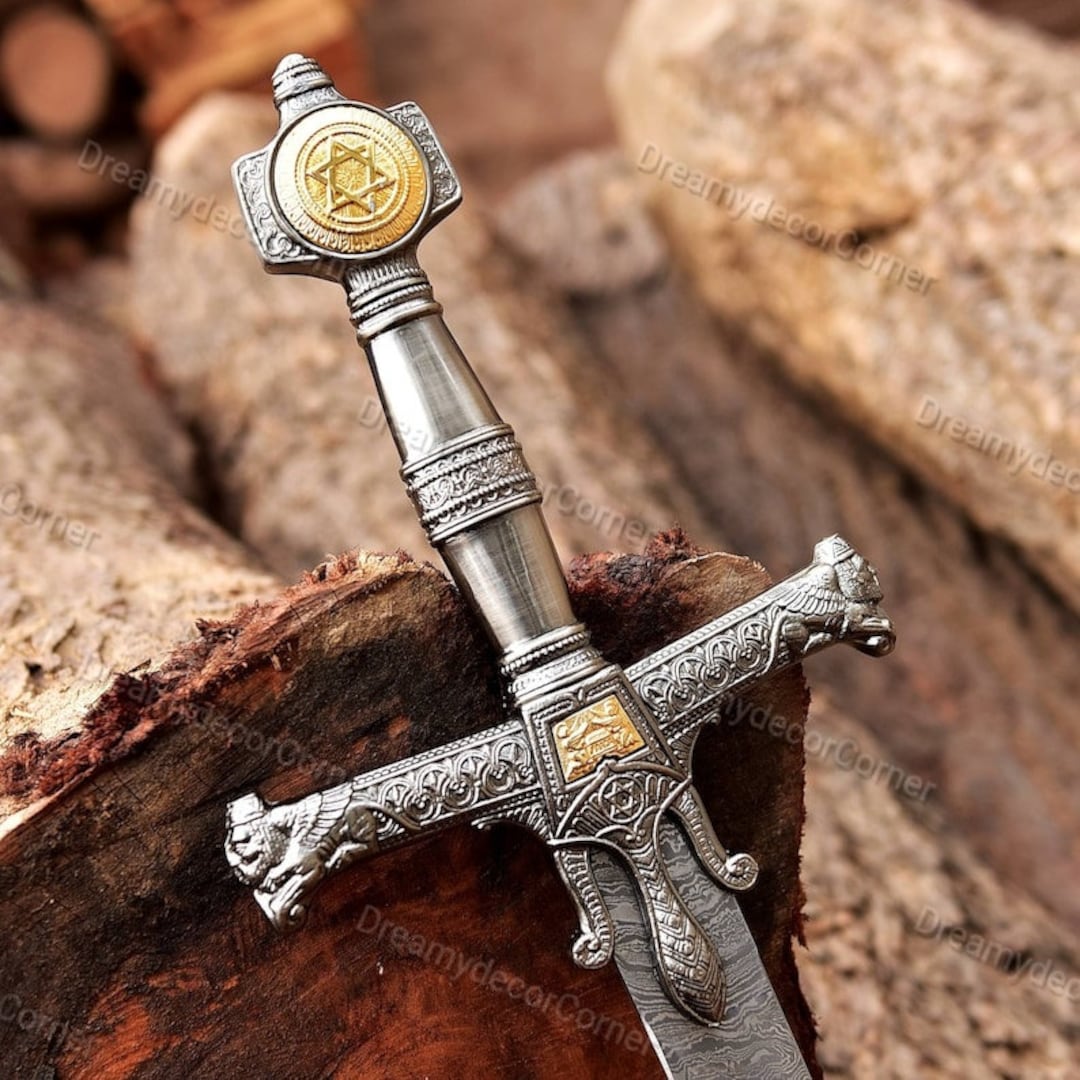 Hand Forged Damascus Steel King Solomon Crusader Sword Star of David ...
