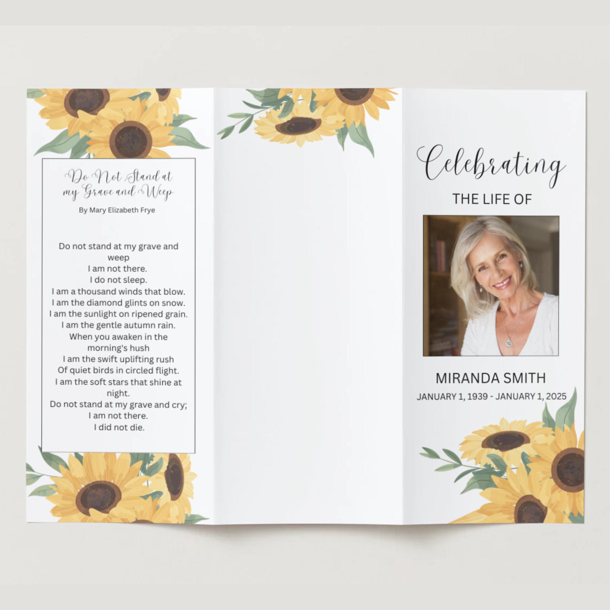 Editable Yellow Sunflower Funeral Program Canva Template Trifold ...