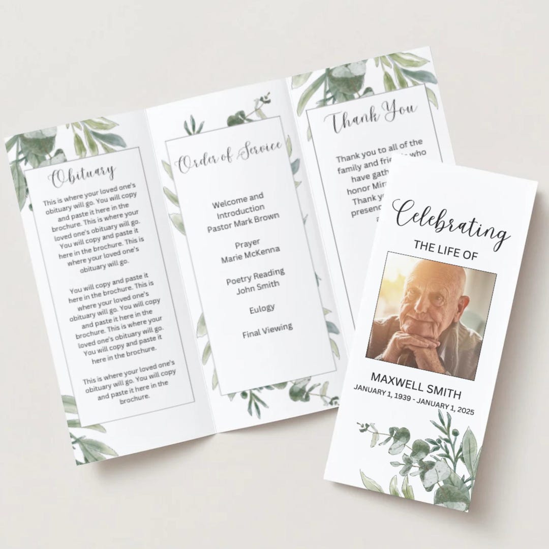 Editable Green Eucalyptus Funeral Program Canva Template Celebrating ...