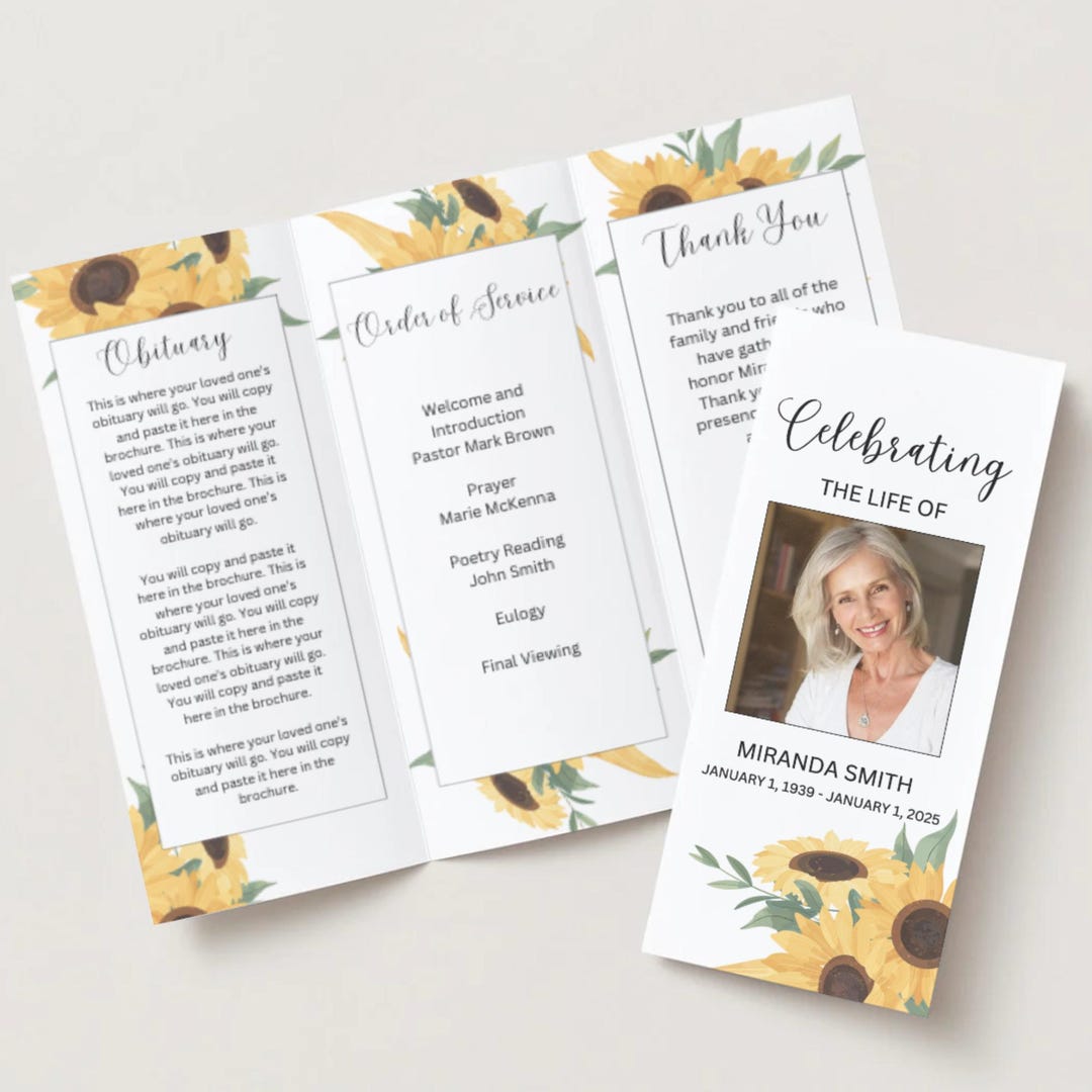 Editable Yellow Sunflower Funeral Program Canva Template Trifold ...
