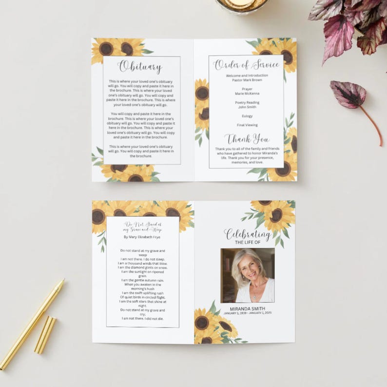 Editable Yellow Sunflower Funeral Program Canva Template Celebrating ...