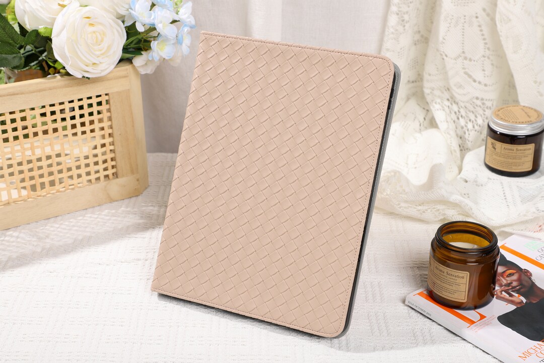 Woven Leather Milky Beige iPad Case With Apple Pencil Holder, for iPad ...