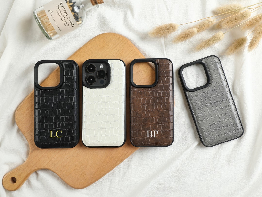 Monogram Engraved Leather Phone Case, Personalized Leather Phone Case ...