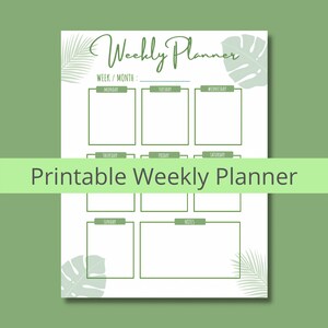 Printable Weekly Calendar- Green Tropical Leaf, Instant Download, US ...
