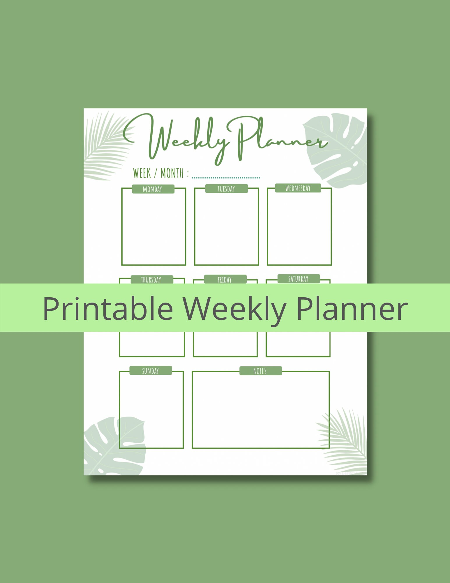 Printable Weekly Calendar- Green Tropical Leaf, Instant Download, US ...