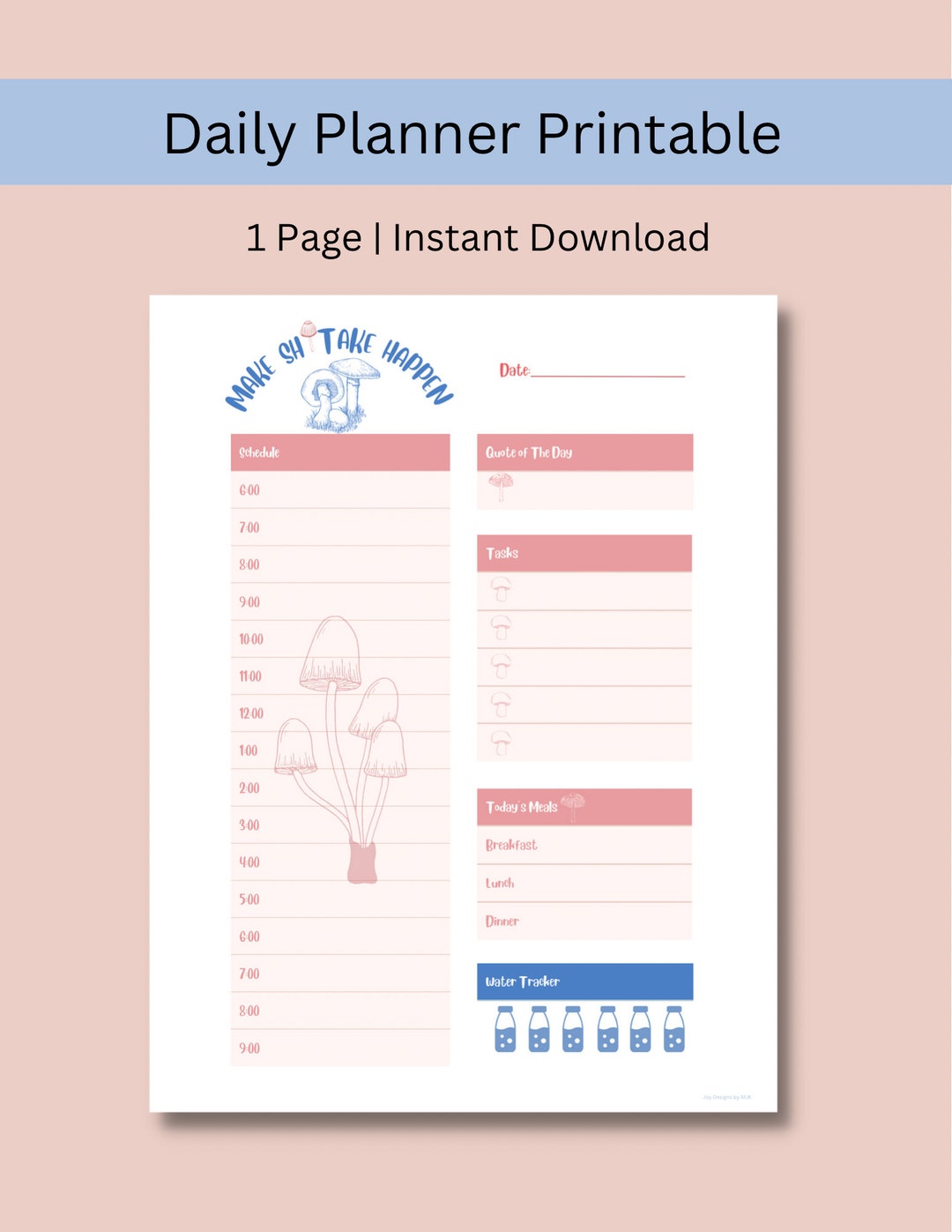 Printable Daily Planner - Pink and Blue Mushroom- Get Shitake Done - Etsy