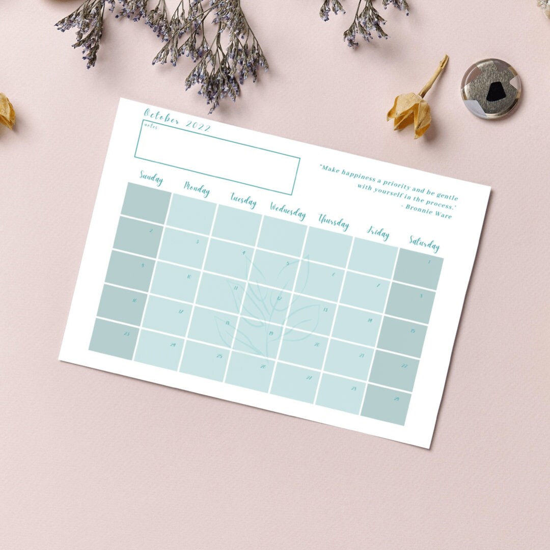 Printable 2022 Monthly Calendar Teal Leaf Instant Download - Etsy
