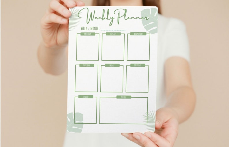 Printable Weekly Calendar- Green Tropical Leaf, Instant Download, US ...