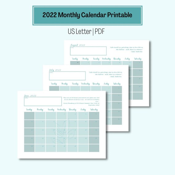 Printable 2022 Monthly Calendar Teal Leaf Instant Download - Etsy