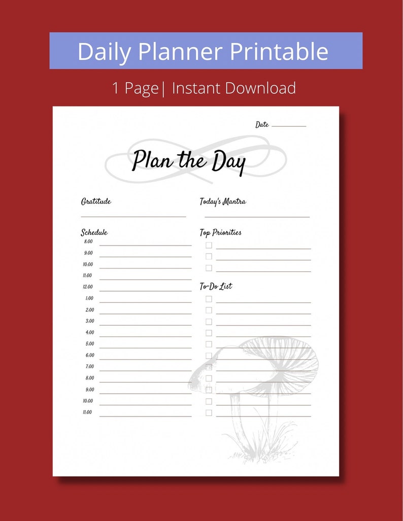 Printable Daily Planner- Black and White Mushroom - Etsy