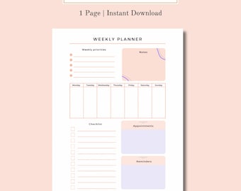 Printable Weekly Planner - Pink and Purple Minimilist - Etsy