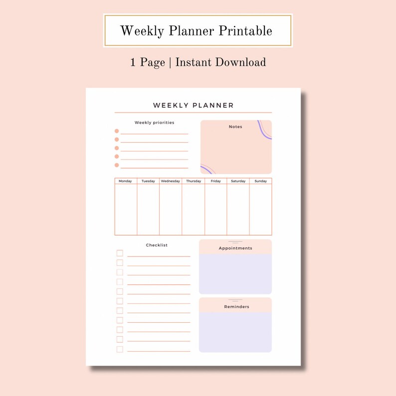 Printable Weekly Planner Pink and Purple Minimilist - Etsy