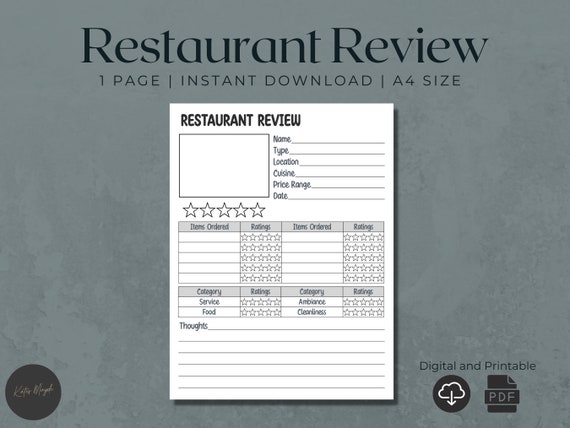 Digital Restaurant Review Template Printable Review Template - Etsy